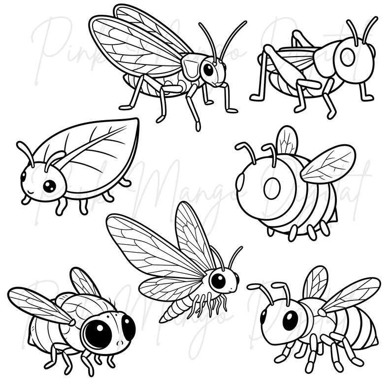 Insects Line Art Clipart | Bug Doodles | Simple Outline Insect | Kawaii ...