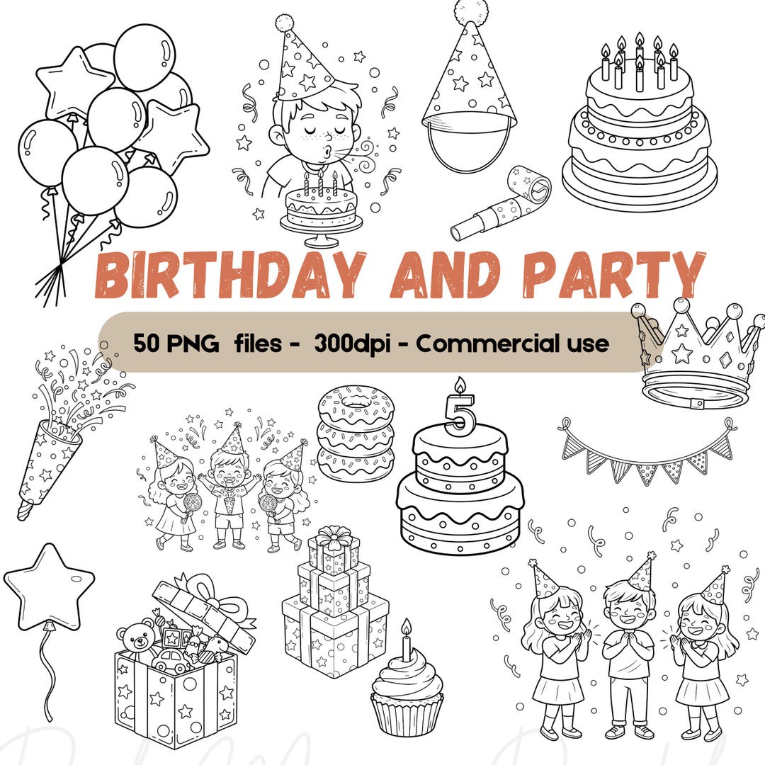 Birthday Party Line Art Clipart, Kids Birthday Outline PNG, Cake ...