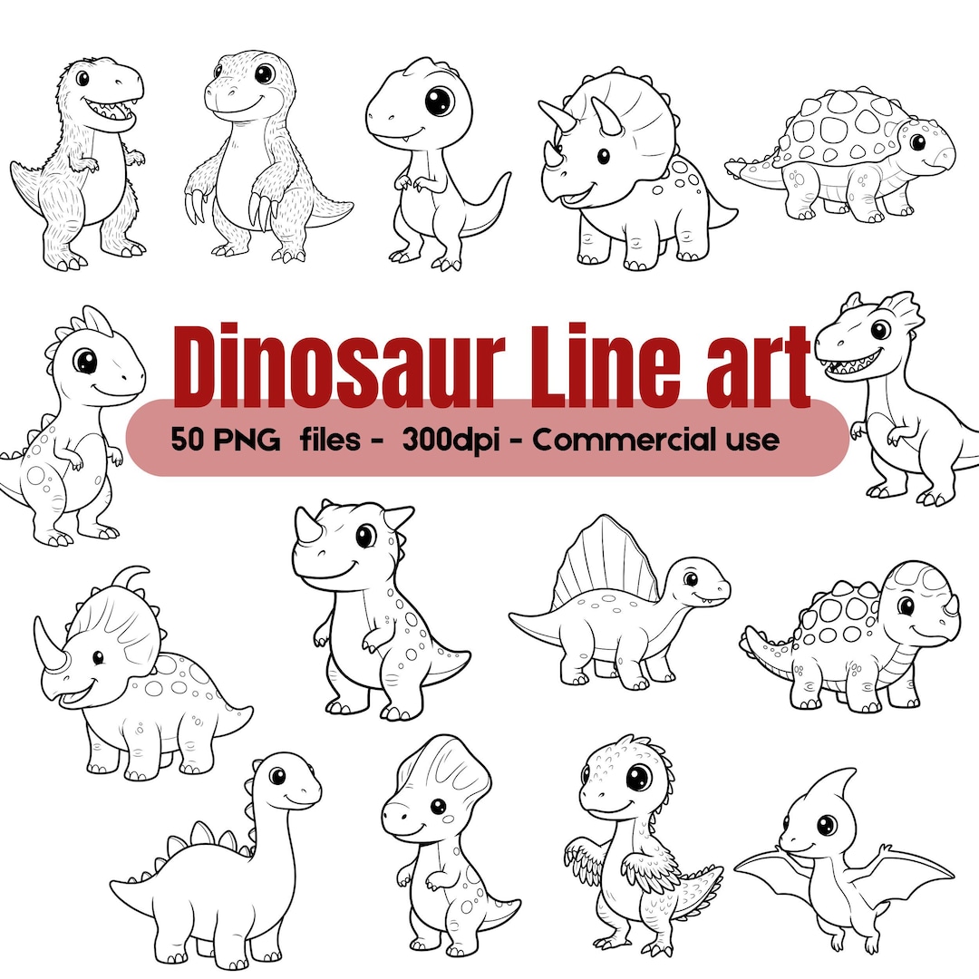 Dinosaur Clipart Bundle, 50 PNG Dino Line Art, Dinosaur Coloring Pages ...