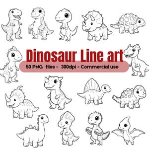 Dinosaur Clipart Bundle, 50 PNG Dino Line Art, Dinosaur Coloring Pages ...