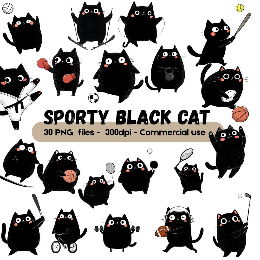 Funny Sporty Black Cat Clipart Bundle, Cute Cat Playing Sports PNG ...