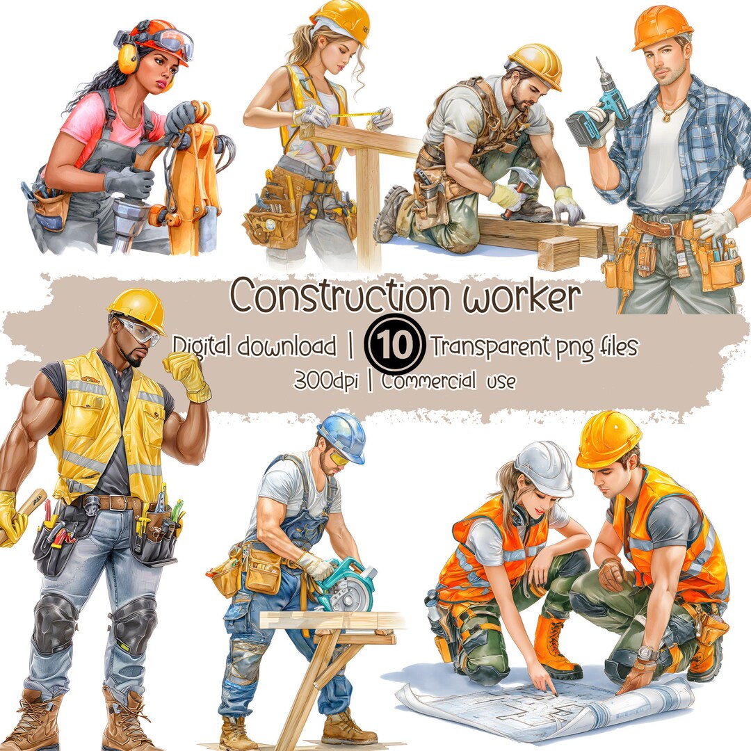 Watercolor Construction Worker PNG Bundle | 10 Transparent Clipart ...