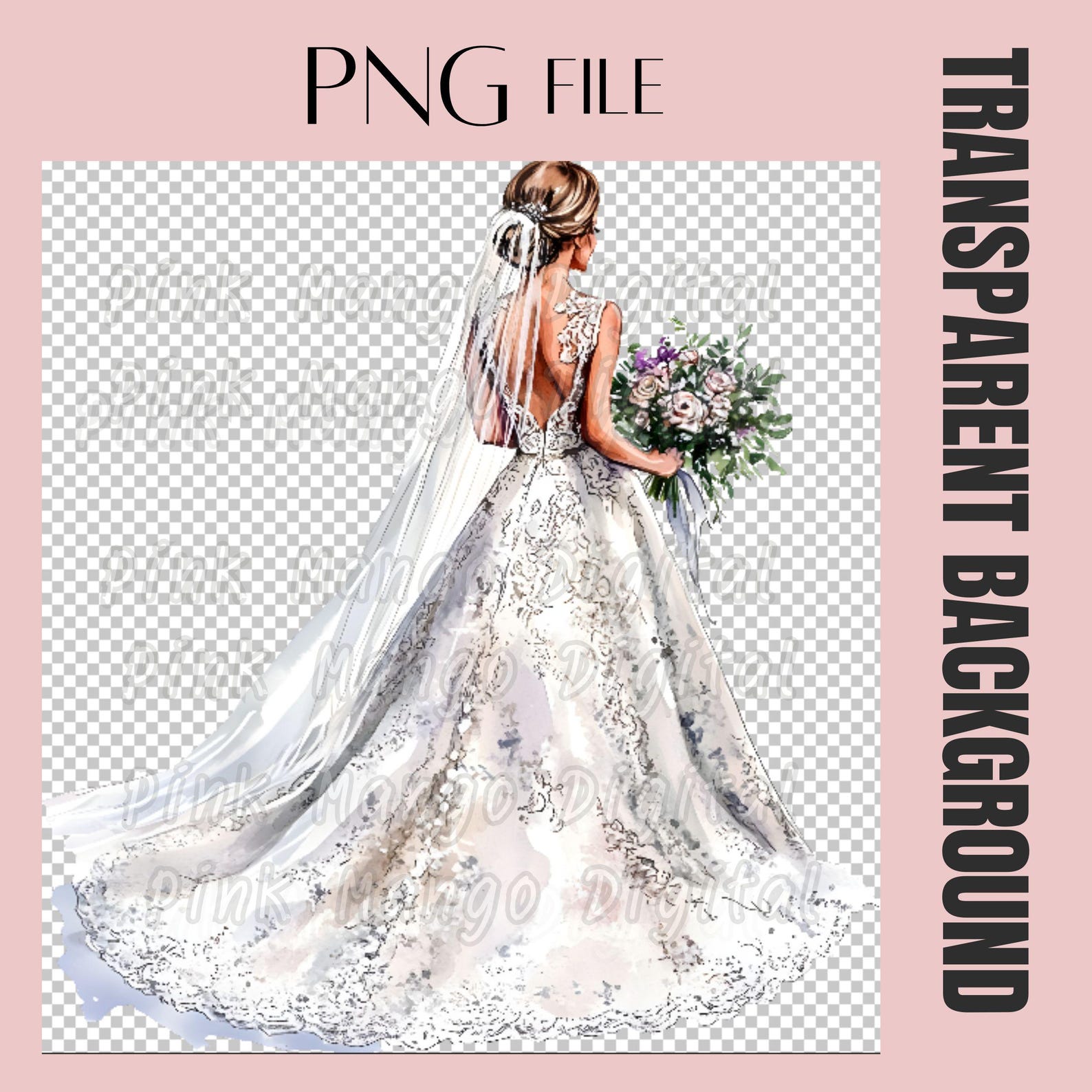 Watercolor Bride Back Floral Clipart, Wedding Illustration, PNG Files ...