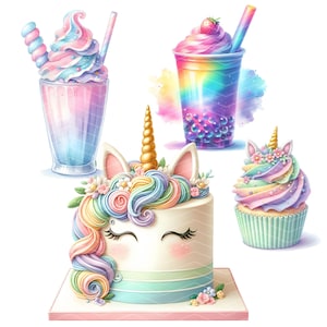 Unicorn Birthday Party Clipart: Rainbow Unicorns, Cake, Balloons (PNG ...