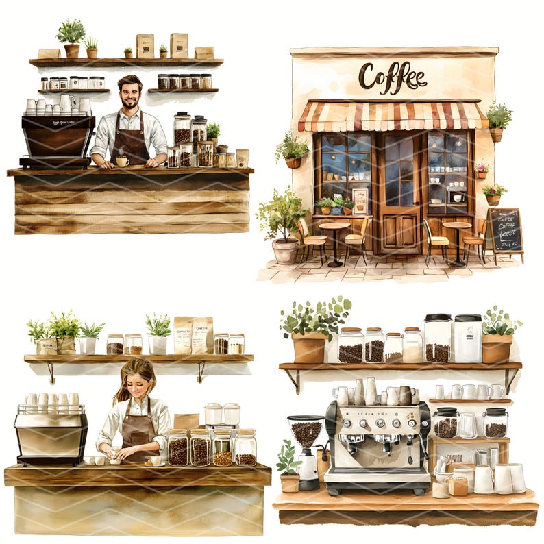 Watercolor Coffee Lover Clipart PNG Bundle, Coffee and Dessert Coffee ...