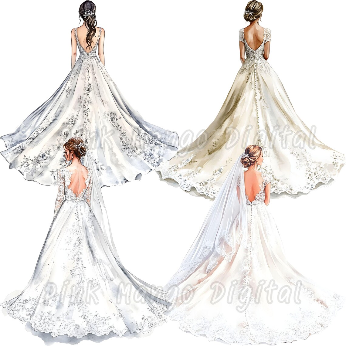 Watercolor Bride Back Floral Clipart, Wedding Illustration, PNG Files ...