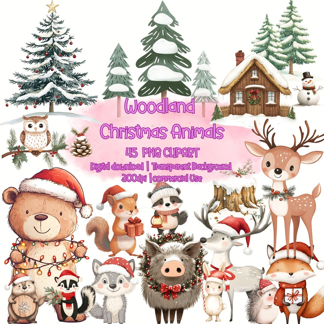 Christmas Woodland Animals Clipart Bundle 45 Cute Watercolor Pngs ...