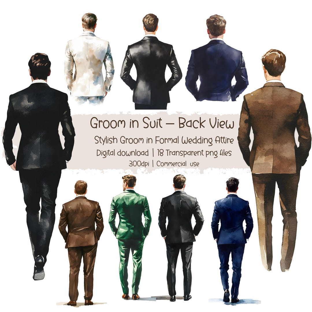Watercolor Groom in Suit – Back View, Wedding Illustration, Wedding ...