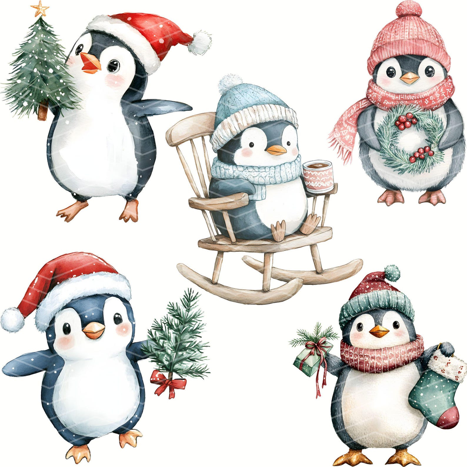Watercolor Christmas Penguin Clipart Bundle: Holiday PNG Images ...