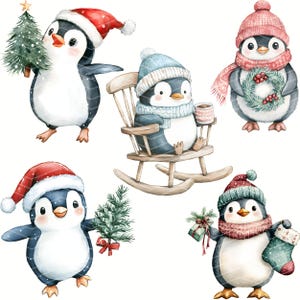 Watercolor Christmas Penguin Clipart Bundle: Holiday PNG Images ...