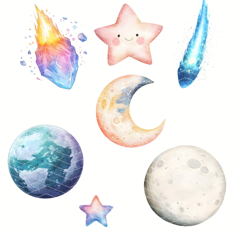 Watercolor Space Clipart Bundle, Cute Astronauts Planets Stars Aliens ...