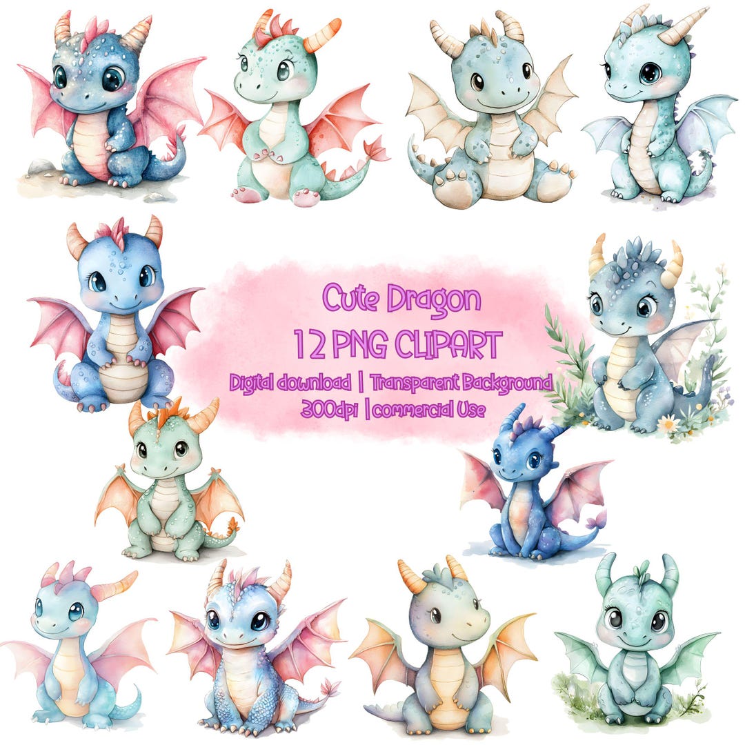 Cute Watercolor Baby Dragon Clipart Bundle - 12 Pngs, Nursery Dragons ...