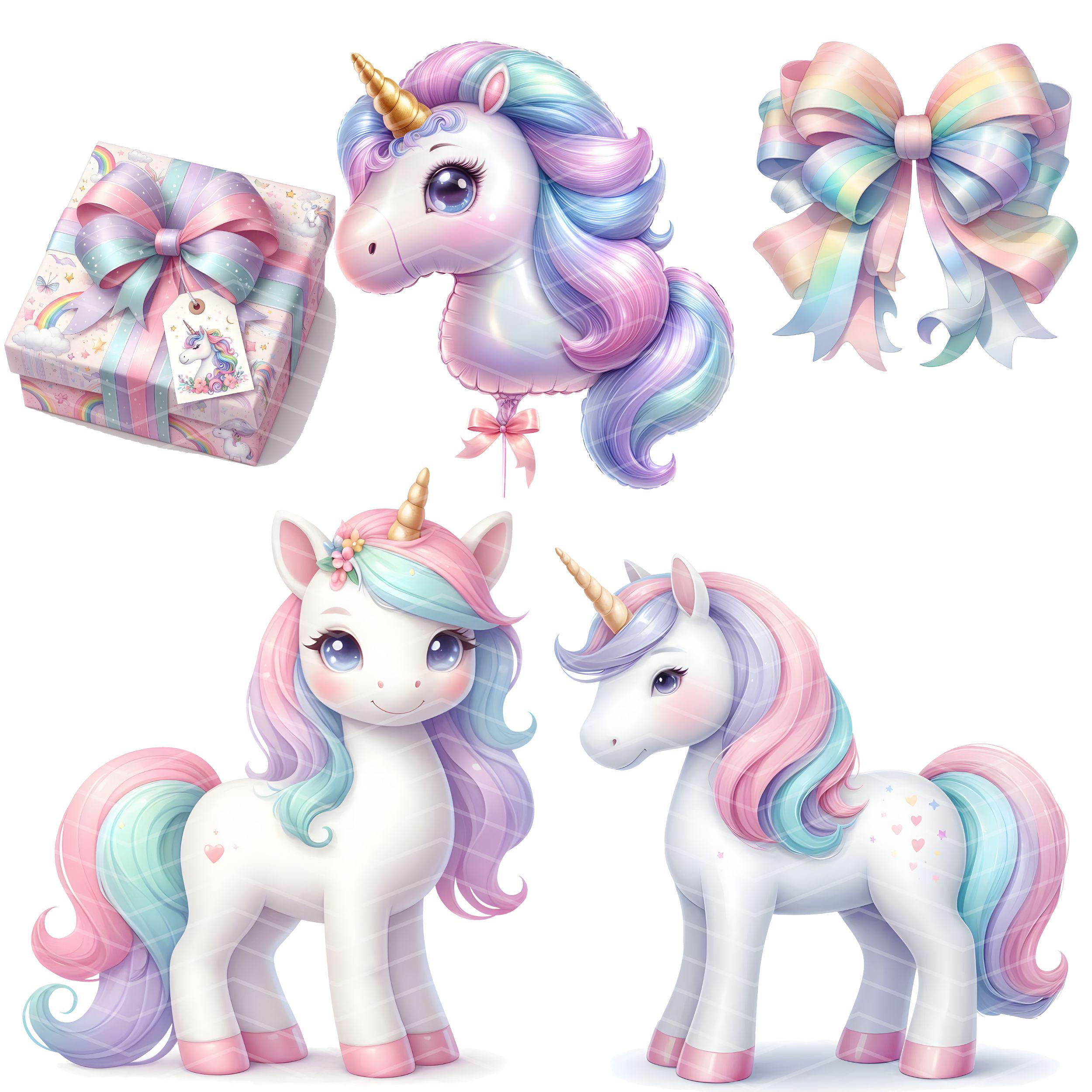 Unicorn Birthday Party Clipart: Rainbow Unicorns, Cake, Balloons (PNG ...