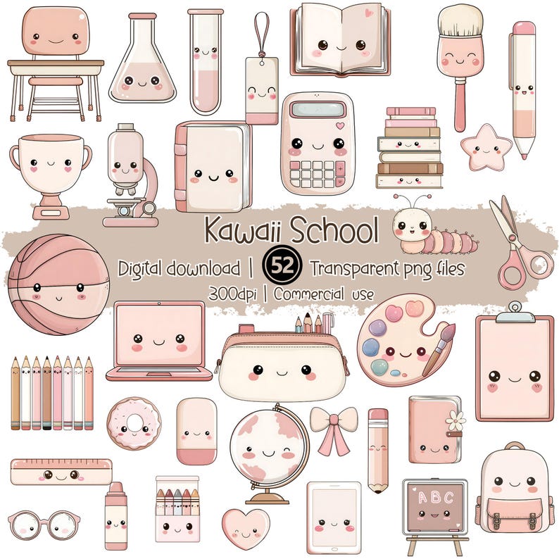 Kawaii School Supplies Clipart Bundle | Pastel Pink Back to School PNG ...