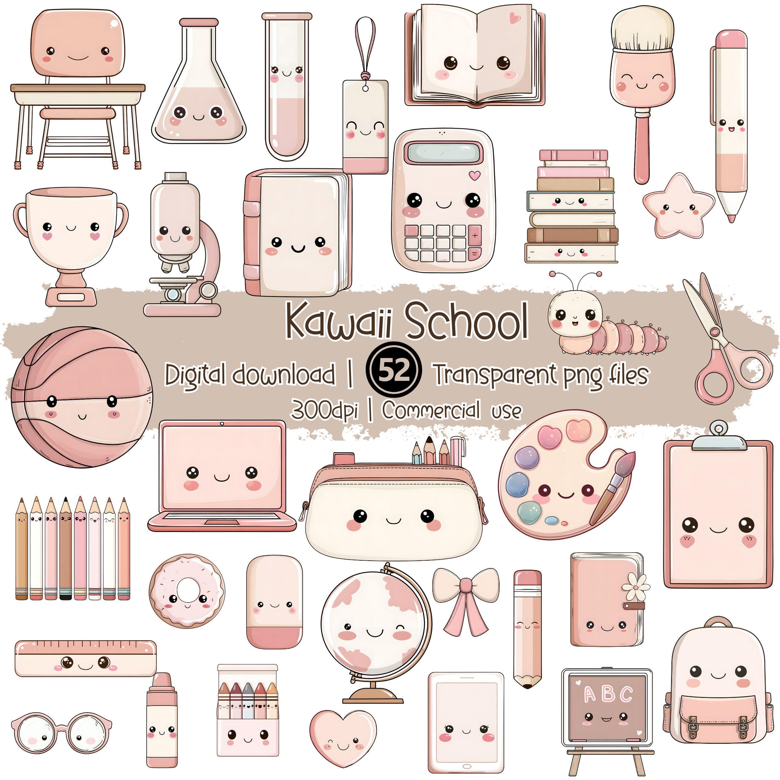 Kawaii School Supplies Clipart: Pastel Pink Classroom Decor (52 PNG ...