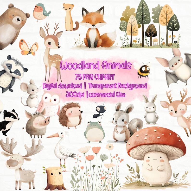 Woodland Animals Clipart Bundle: 75 Watercolor Forest Pngs (digital ...