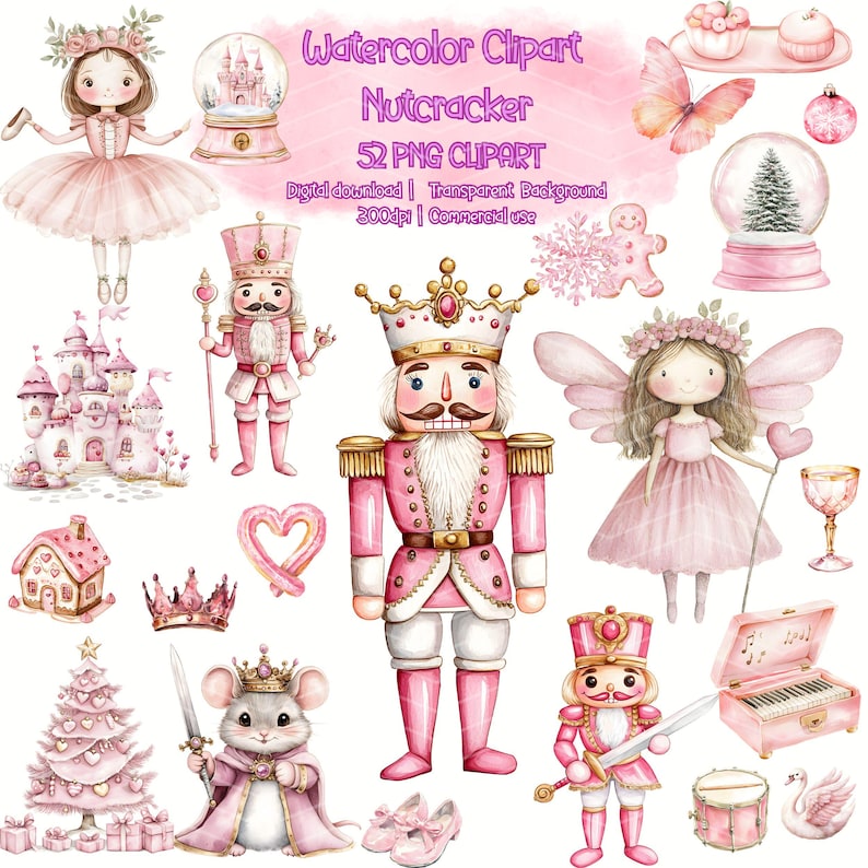 Watercolor Nutcracker Clipart Bundle | 52 PNG Christmas Pink Ballet ...