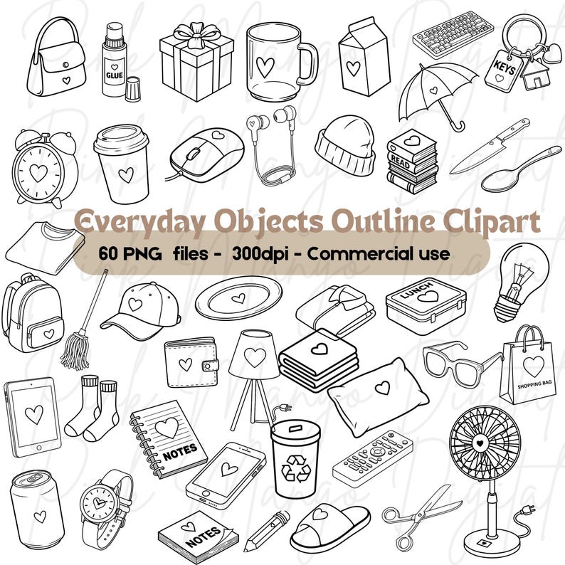 Everyday Objects Line Art Clipart, Daily Items Outline Icons, Minimal ...