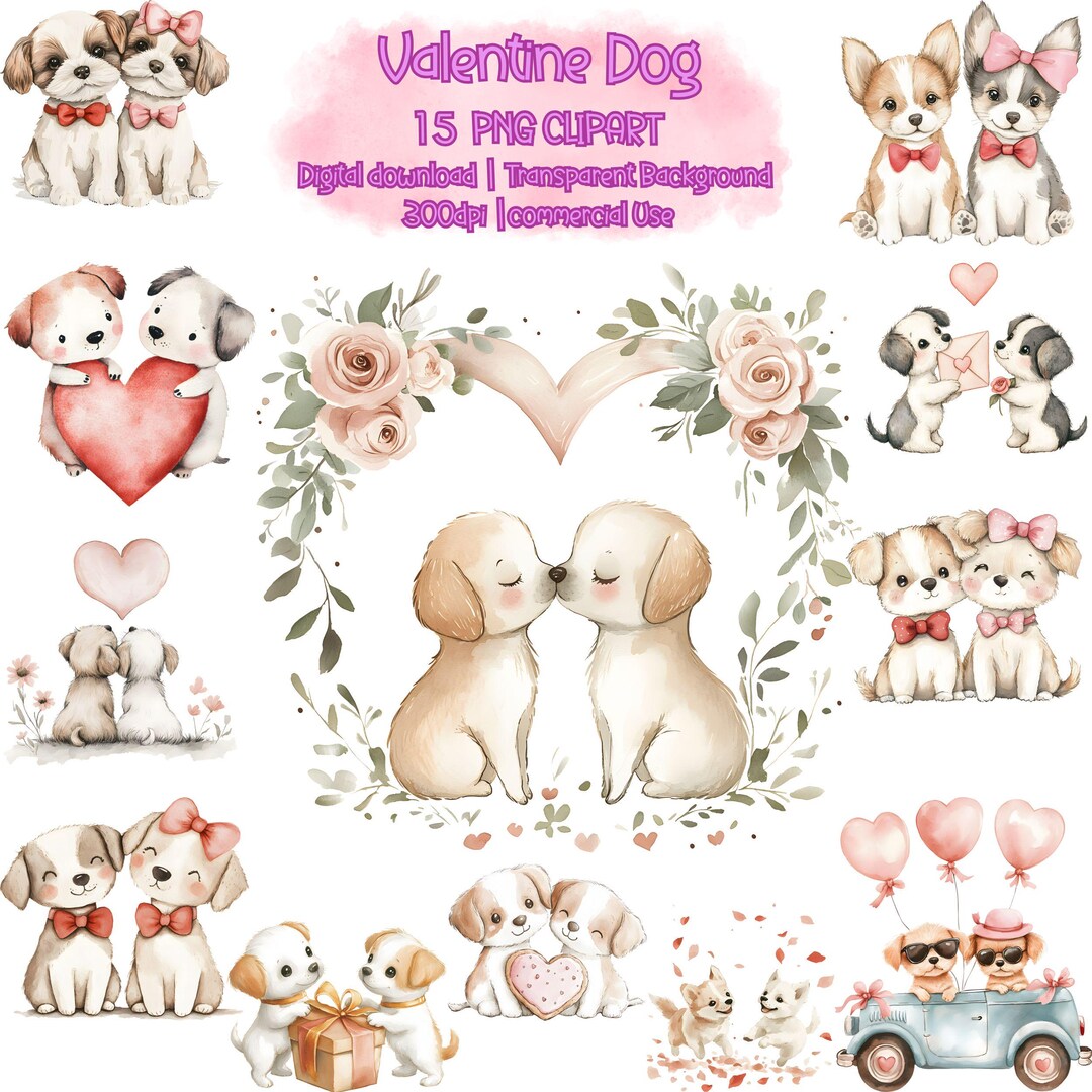 Paquete de imágenes prediseñadas de perros de San Valentín en acuarela ...