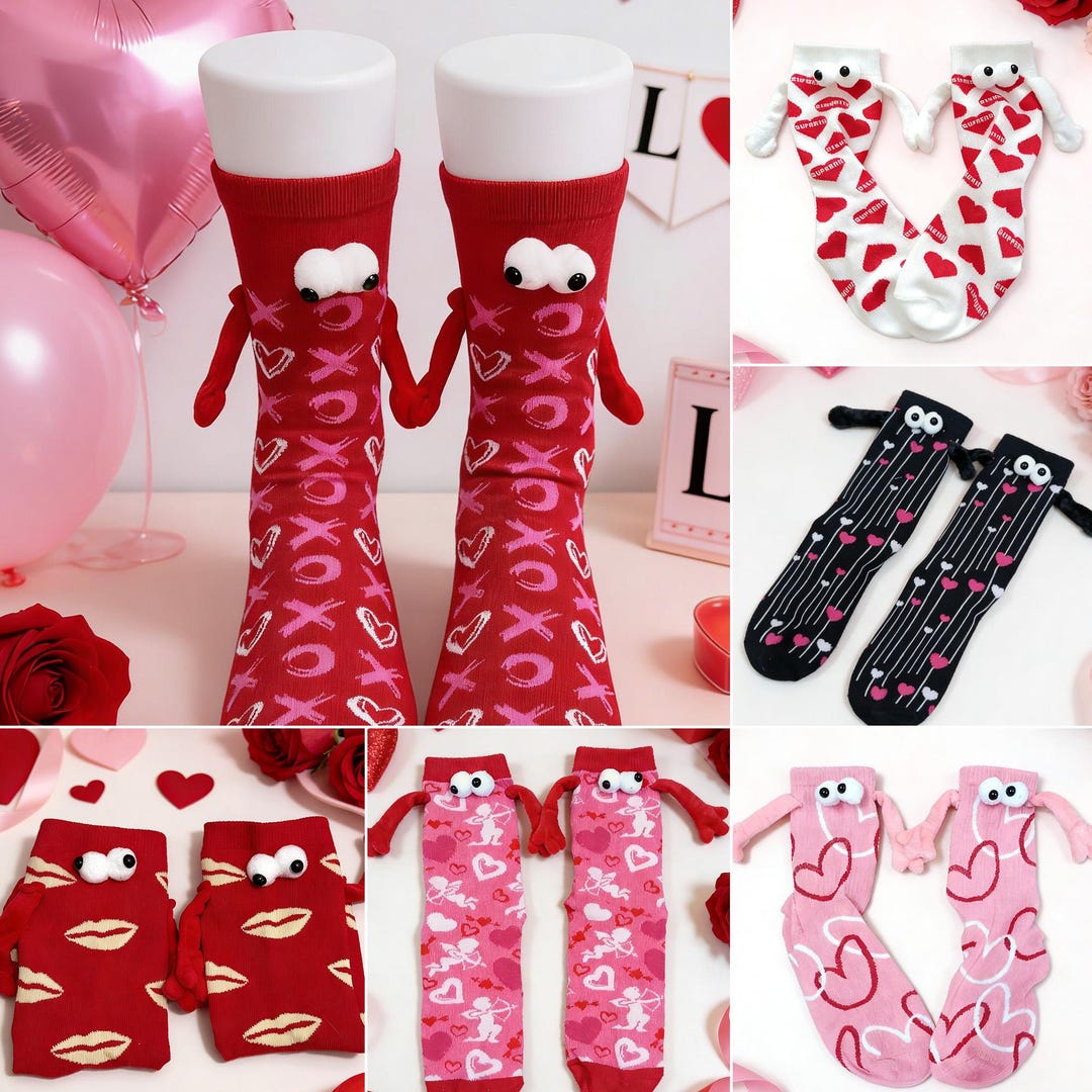 Adorable Magnetic Couple Hugging Socks With 3D Eyes XOXO Heart Lip ...