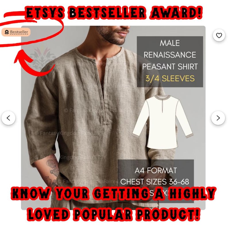 Renaissance Medieval Simple Male Shirt Pattern 3/4 Sleeves S-4XL | Men ...