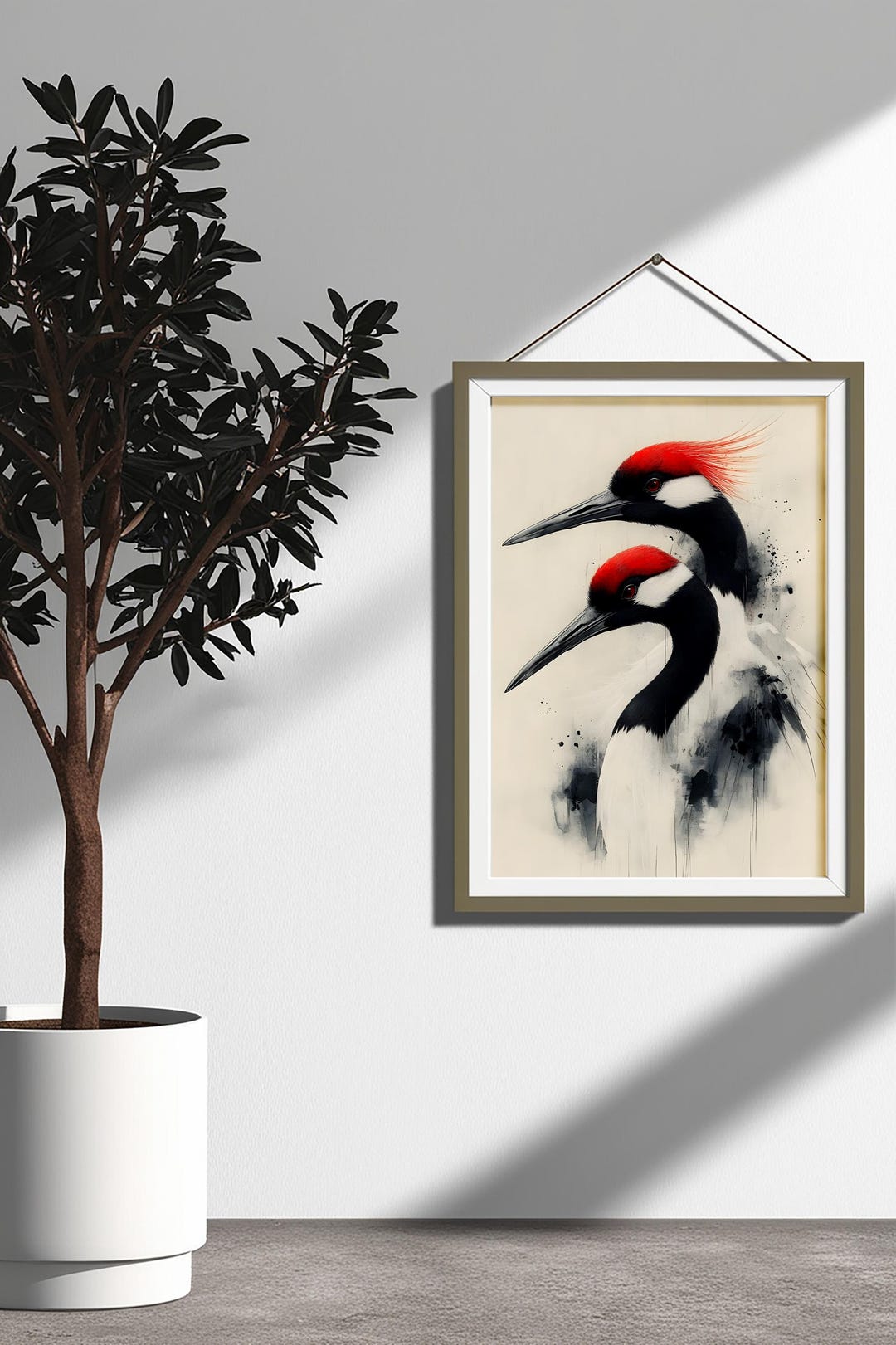 Dual Red-crested Crane Portrait in Abstract Ink_satin and Archival ...