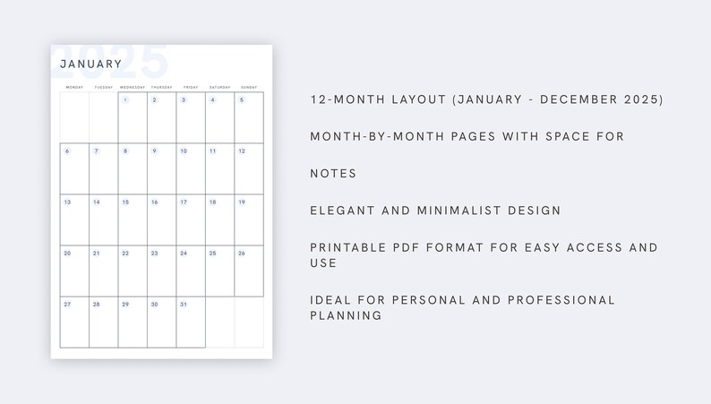 2025 Monthly Year Planner | Printable Calendar | Elegant Yearly Agenda ...