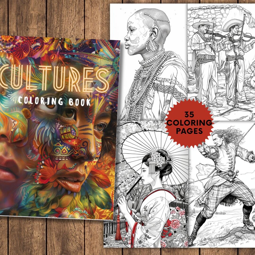 35 Cultures Coloring Pages, Cultural Coloring Book, Adult Coloring Book ...