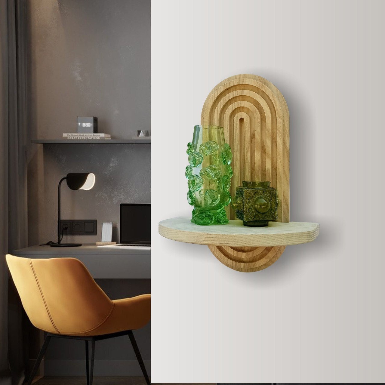 Natural Floating Shelf, Arched Wall Wood Shelf in Mid-century Modern ...