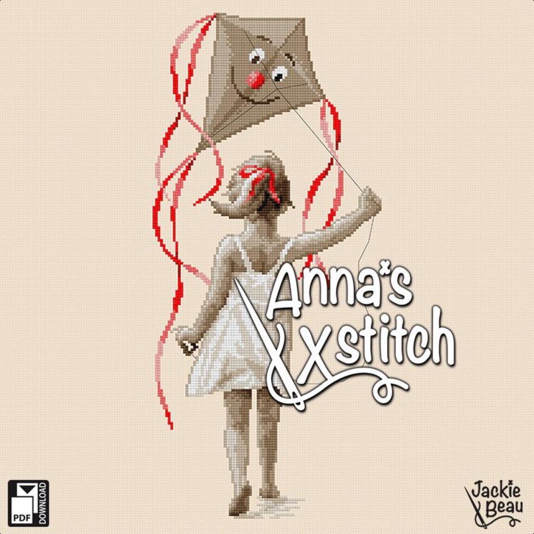 Girl With Wind Kite - Sweet Child Cross Stitch Pattern PDF Instant Download Jackie Beau Xstitch ...