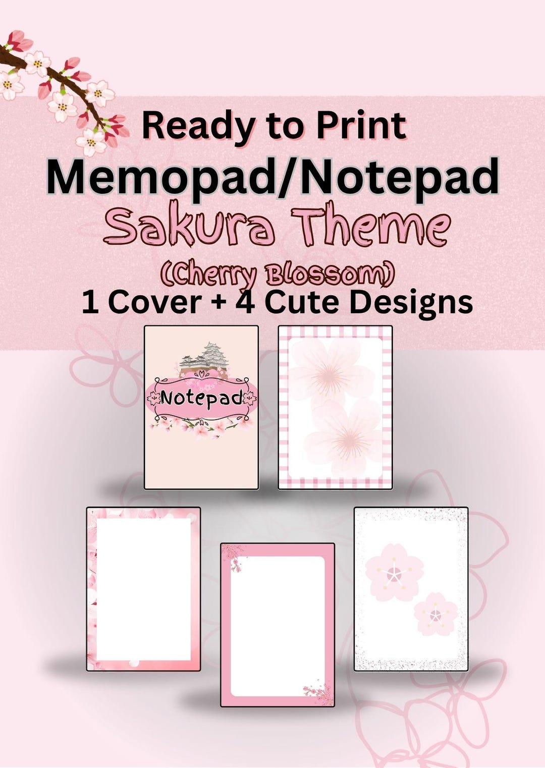 Cherry Blossom Notepad Set | 5 Sakura Flower Designs | Printable ...