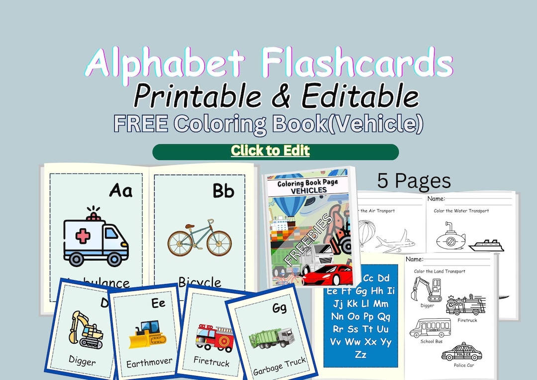 Vehicle ALPHABET Flashcards Printable&editable |FREE Vehicle/transport ...