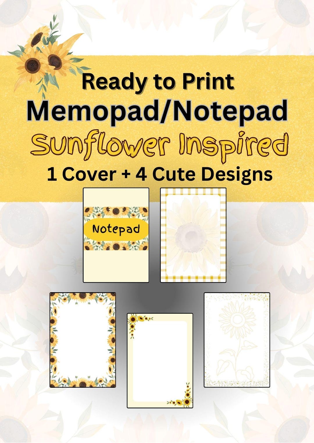 Notepad Printable|5 Designs Sunflower Notepad|sunflower Notepad ...