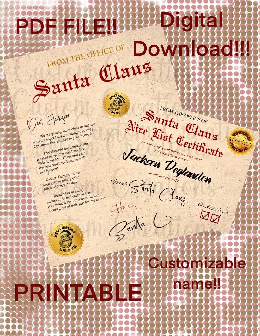 Printable Letter From Santa With Certificate. Pdf File. Jpeg. PDF ...