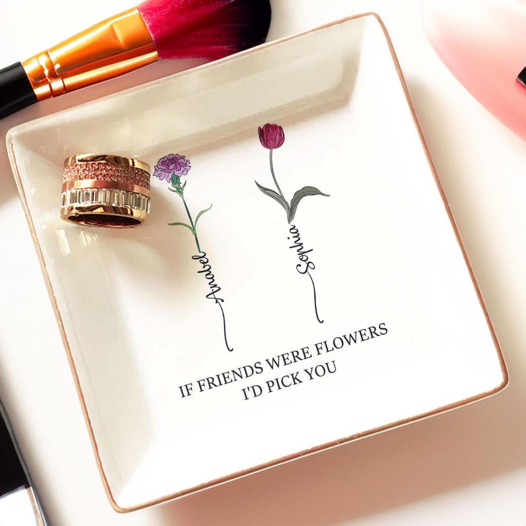 Personalized Birth Flower Jewelry Dish, Best Friend Flower Ring Plate ...