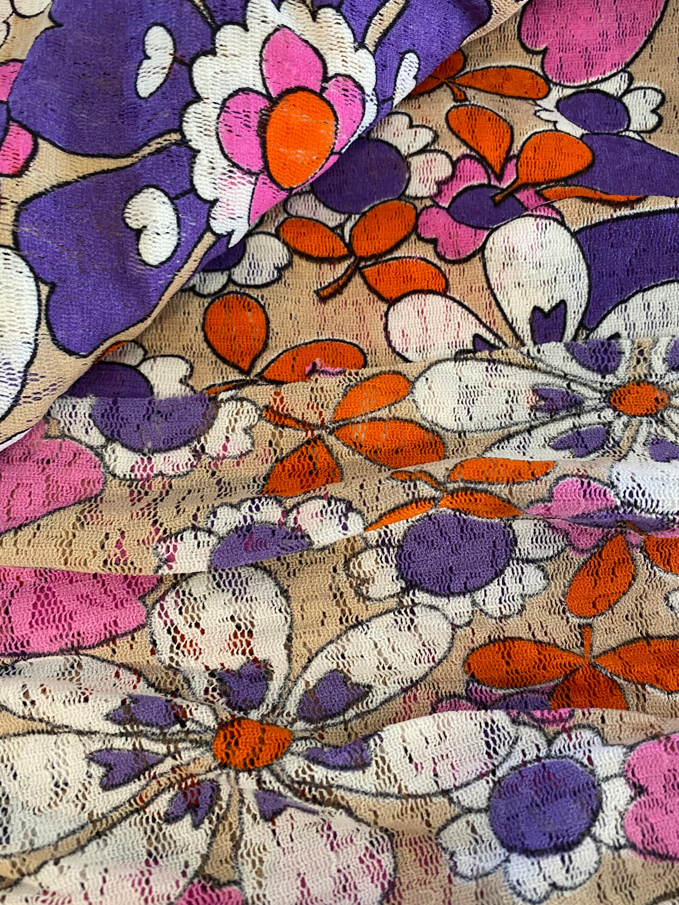 Vintage 60s Psychedelic Flower Power Floral Daisy Print Stretchy Lace 3 Yards Fabric Mod Retro ...