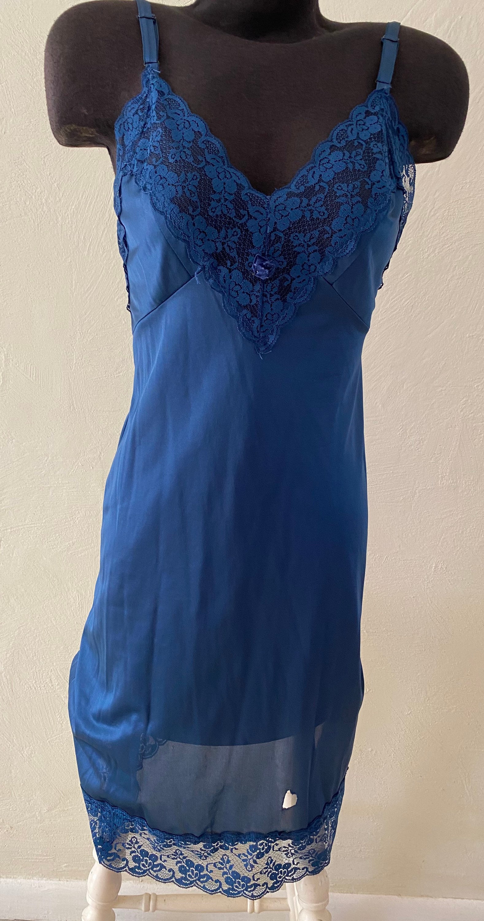 Vintage 60s Navy Blue Nylon Lace Trim Glam Pin up Slip Wiggle L XL ...