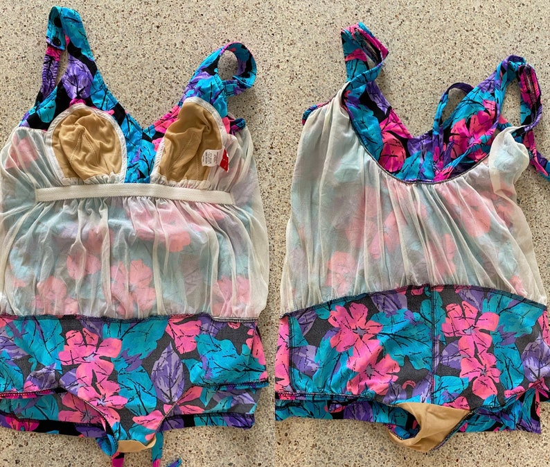Vintage 70s 80s Plus Size Neon Floral Swim Dress 39 32 38 42 46 52 1x