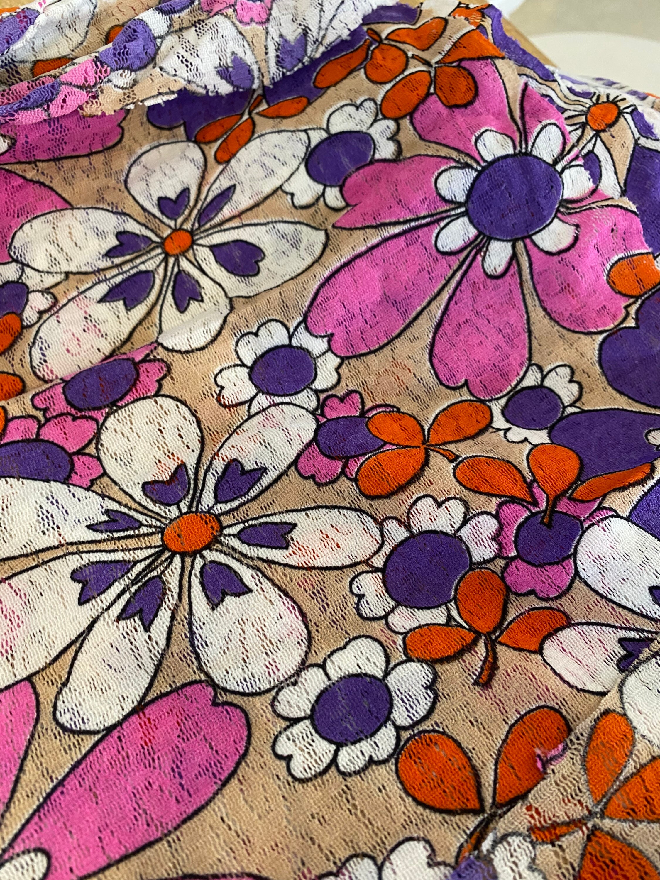 Vintage 60s Psychedelic Flower Power Floral Daisy Print Stretchy Lace 3 Yards Fabric Mod Retro ...