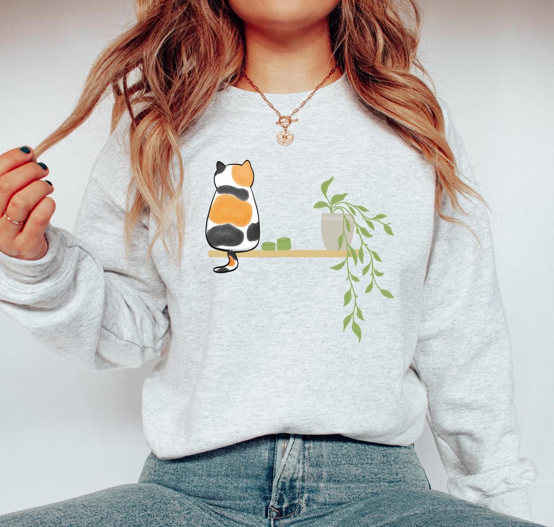 Calico Cat Plant Shelf Crewneck Sweatshirt, Cat Lover Gift, Plant Shelf ...
