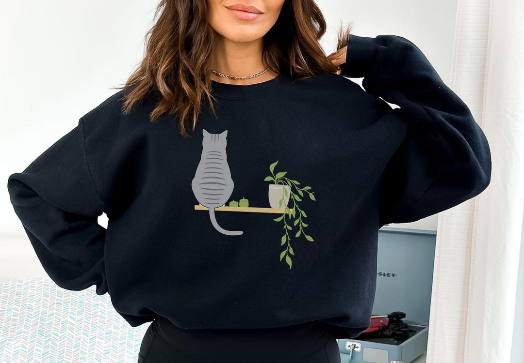 Gray Tabby Cat Crewneck Sweatshirt, Cat Lover Gift, Plant Shelf ...