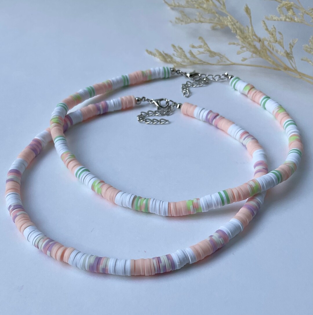 Pastel Heishi Surfer Necklace: Bohemian Beaded Polymer Clay Choker - Etsy