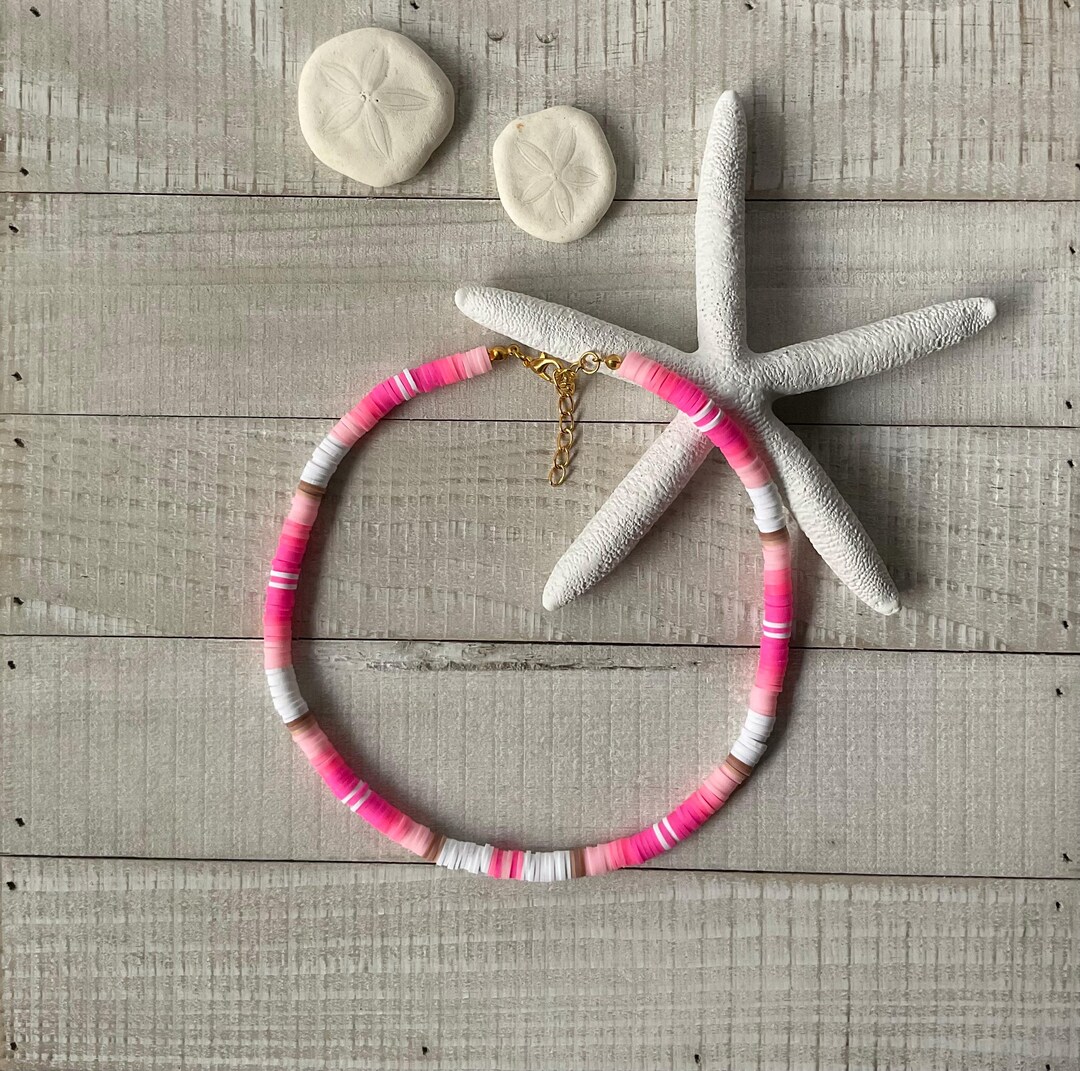 Pink Summer Heishi Surfer Necklace / Clay Polymer Choker / Bohemian ...