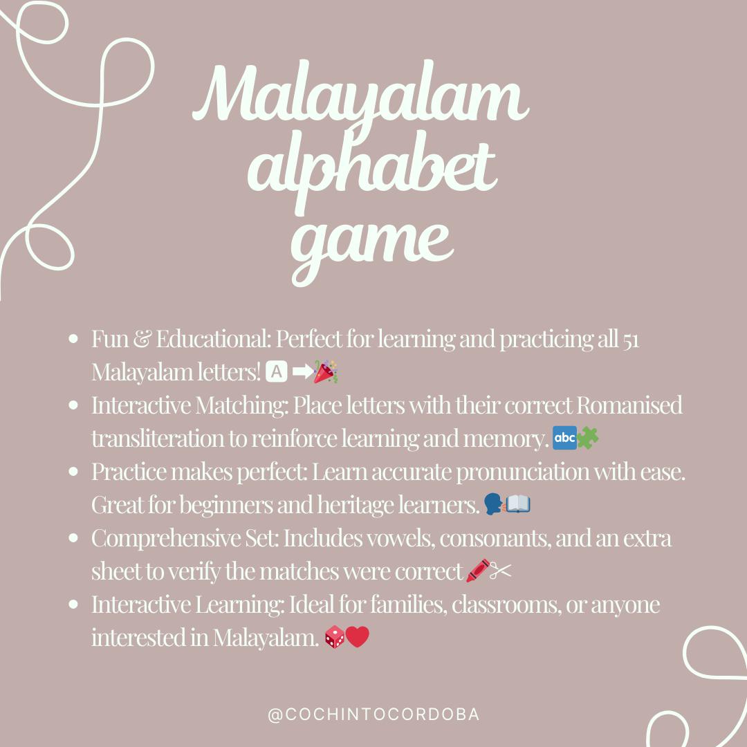 Malayalam Alphabet Learning Game Printable Educational Game for Beginners Romanized ...