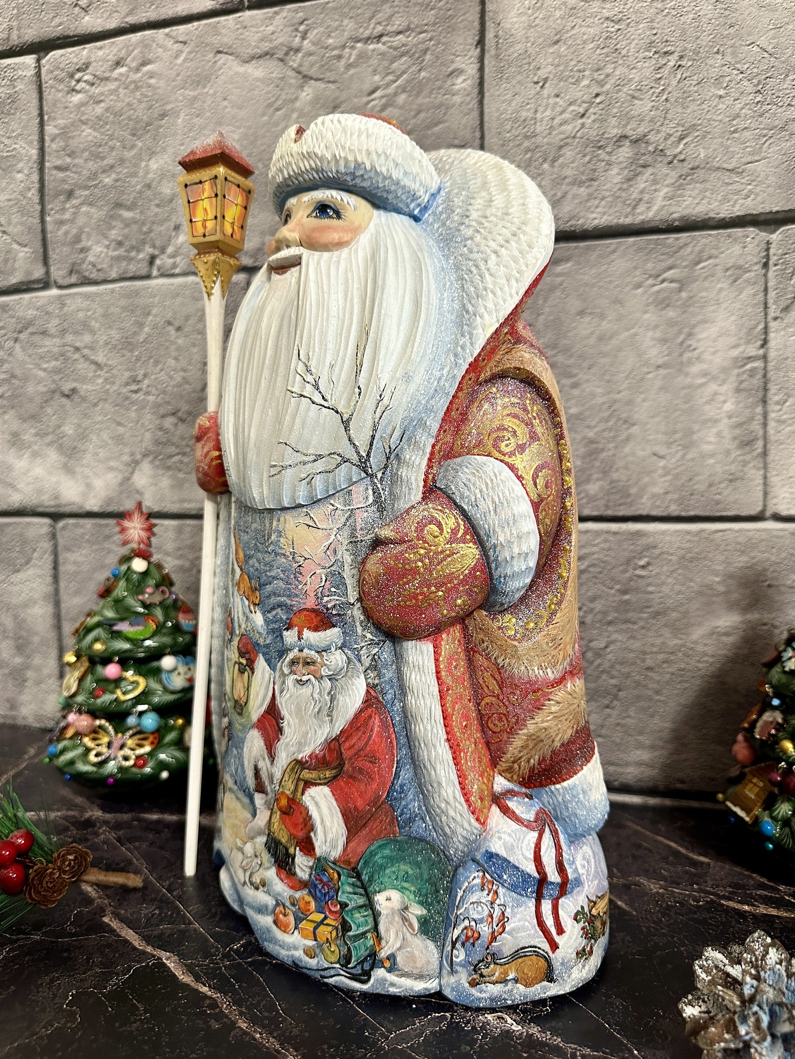 Hand-painted Wooden Santa Claus Figurine With Lantern and Winter Scene ...