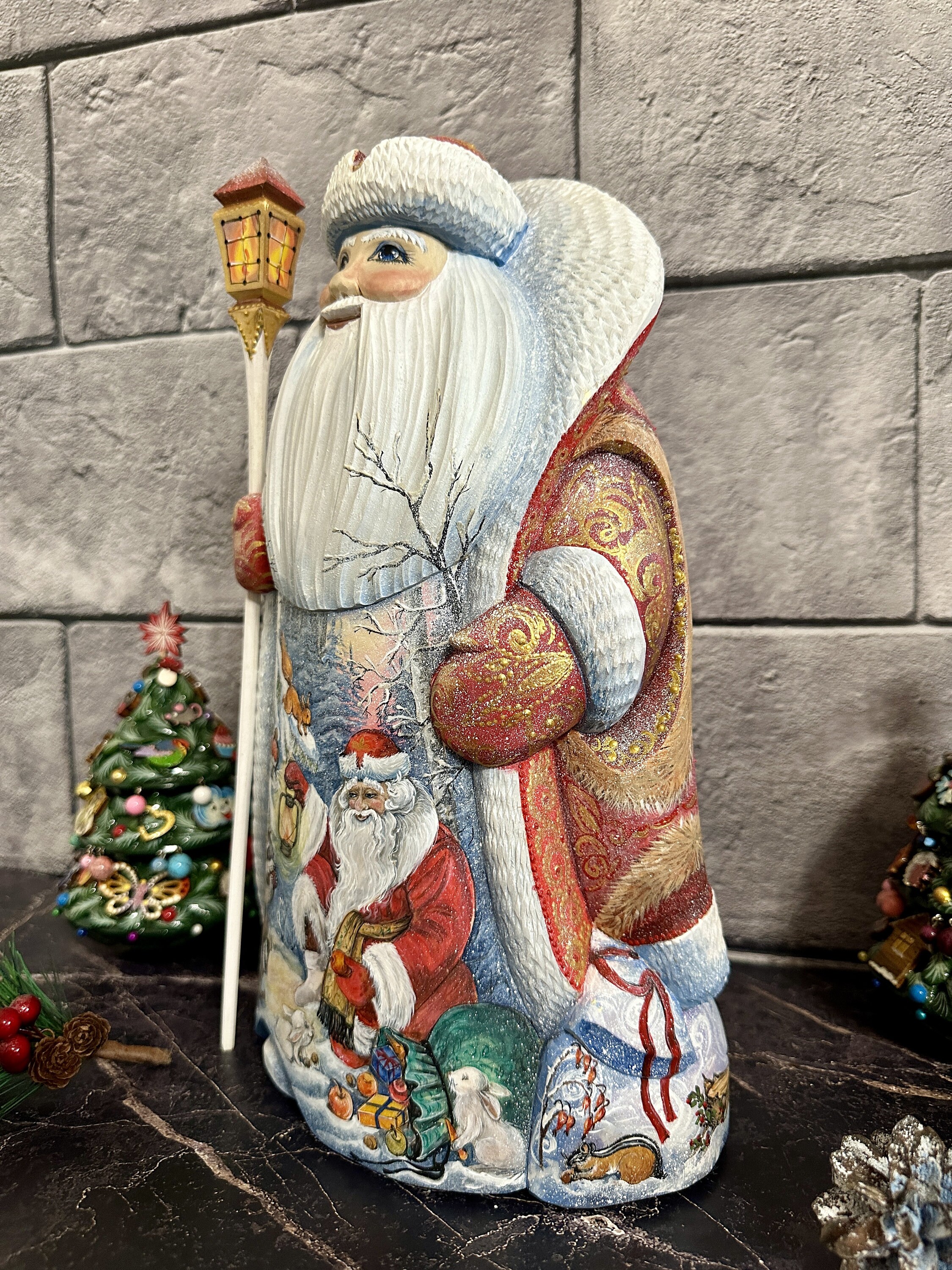 Hand-painted Wooden Santa Claus Figurine With Lantern and Winter Scene ...
