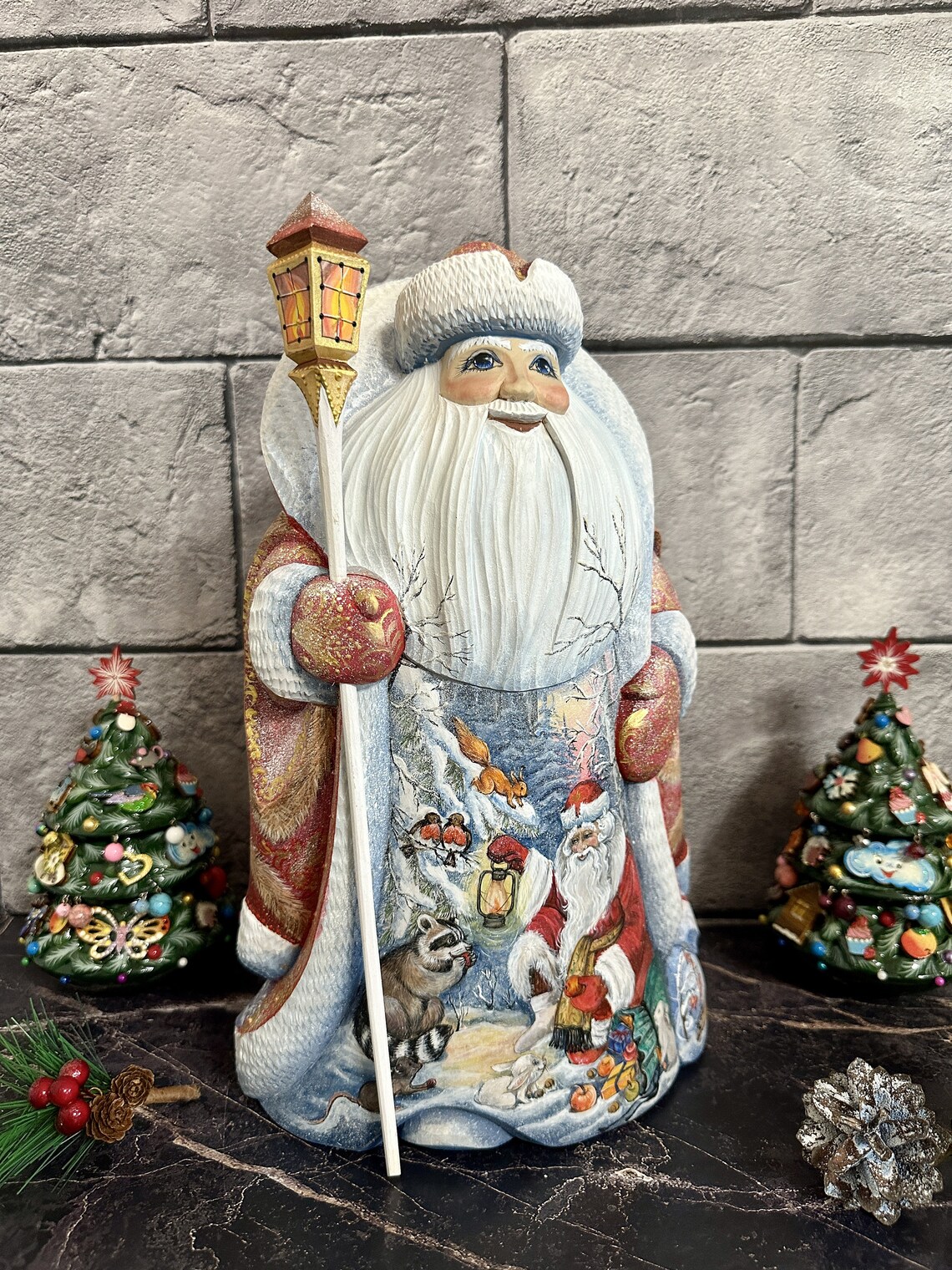 Hand-painted Wooden Santa Claus Figurine With Lantern and Winter Scene ...