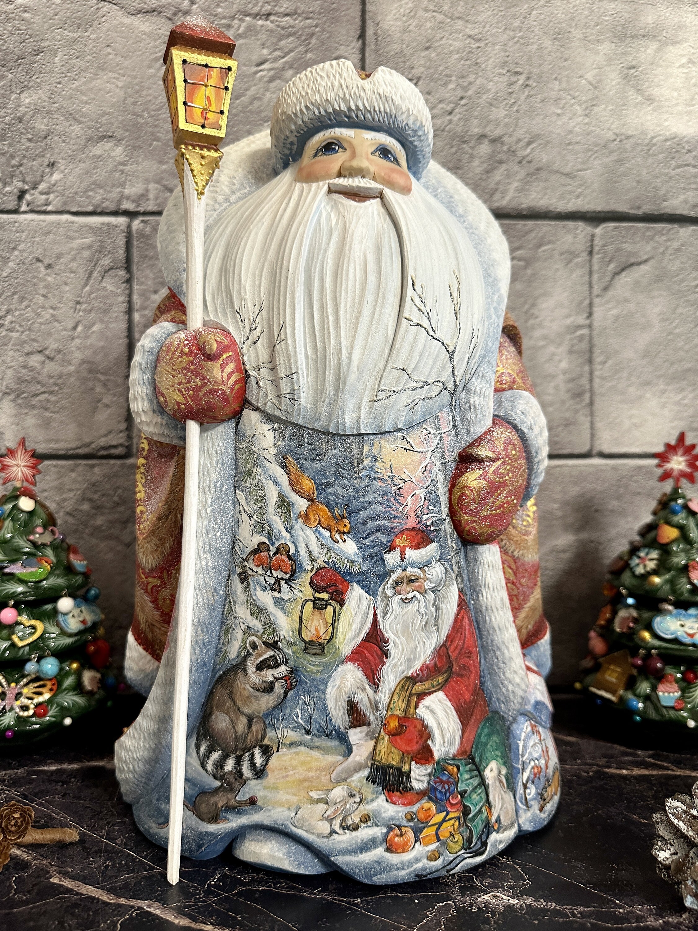 Hand-painted Wooden Santa Claus Figurine With Lantern and Winter Scene ...