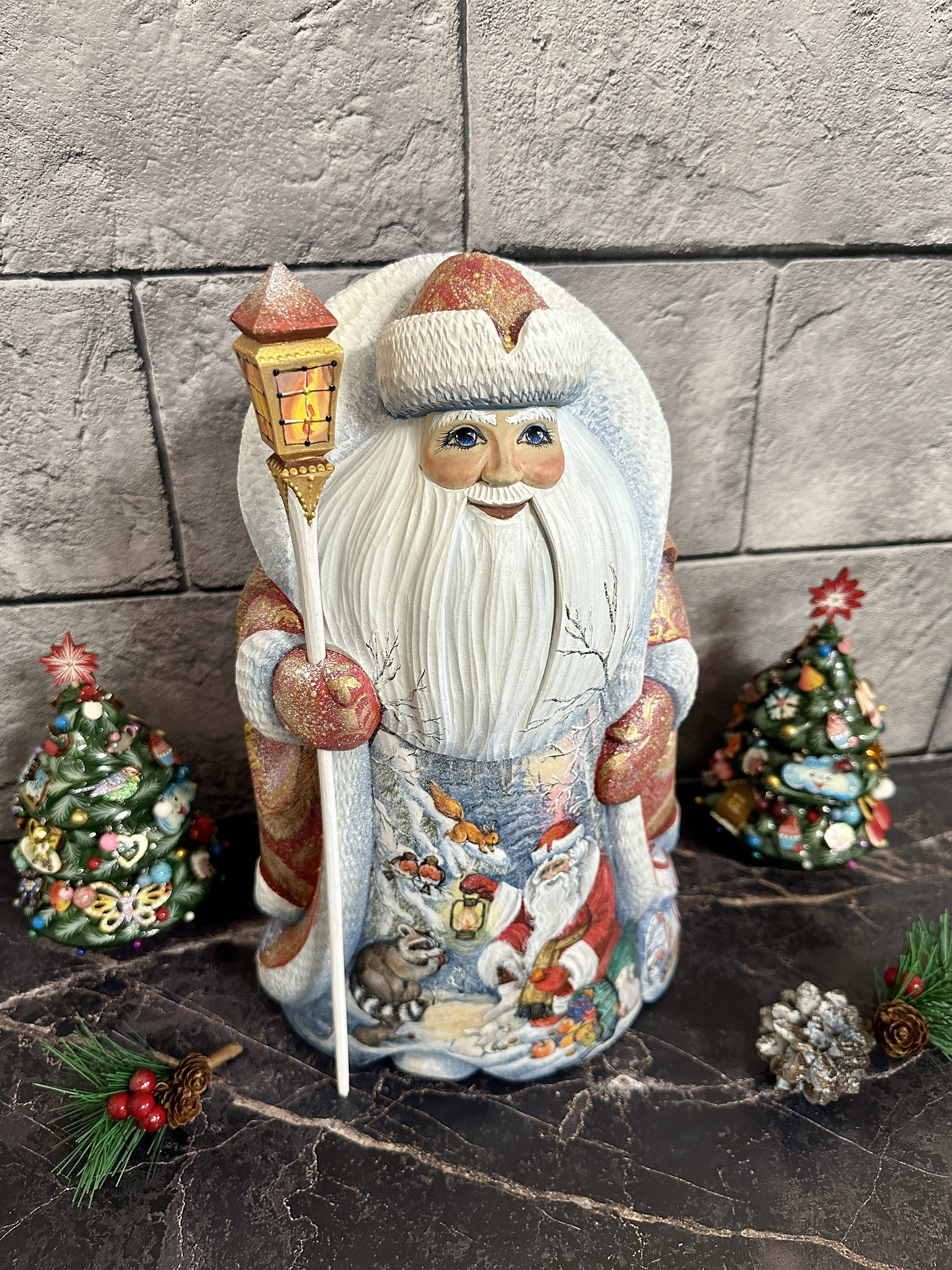 Hand-painted Wooden Santa Claus Figurine With Lantern and Winter Scene ...