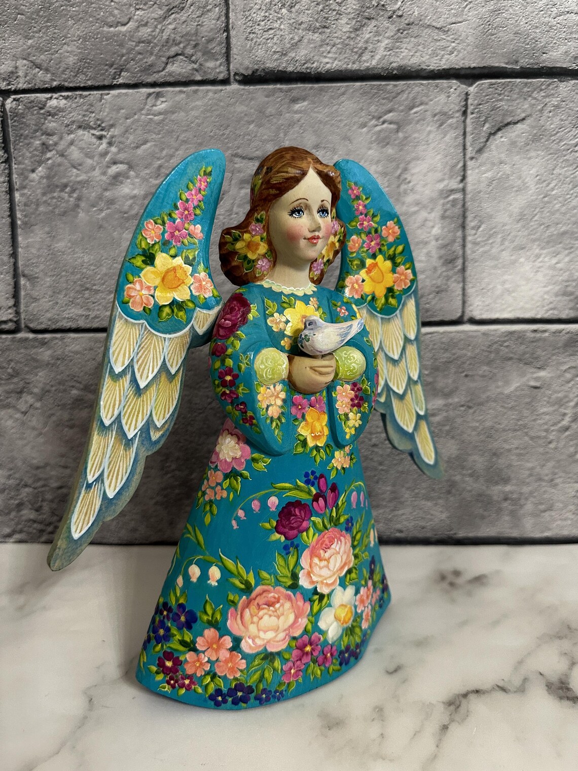 Hand-painted Floral Angel Figurine Angel With Dove - Etsy